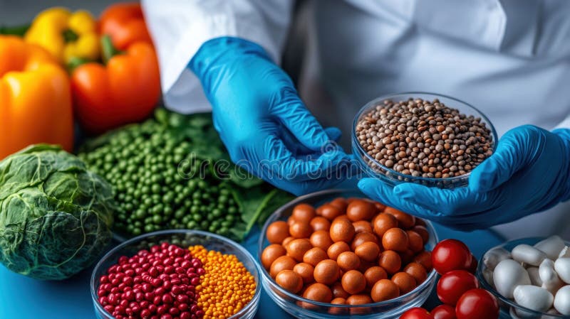 Scientist in Lab Sorting Vegetables and Seeds with Gloves Stock ...