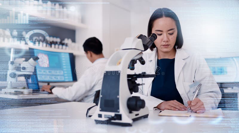 Scientist in Laboratory, Asian Woman in Science with Microscope and ...