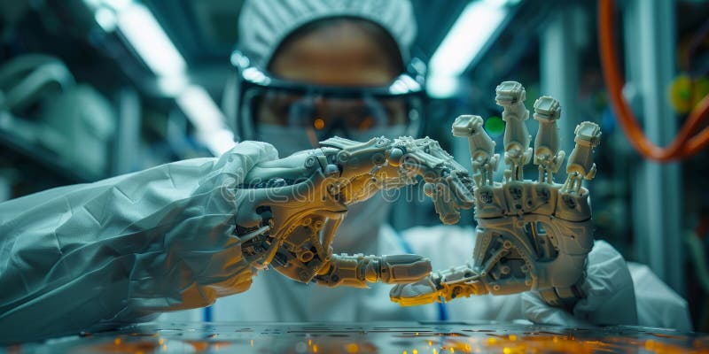 Scientist in a Laboratory Assembling an Advanced Robotic Hand with ...