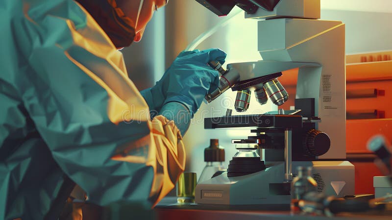 Scientist in Laboratory Examining Samples Under Microscope. Research ...