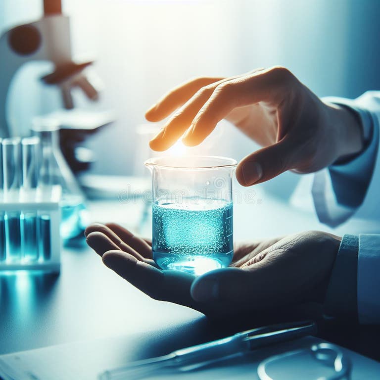 Scientist in Laboratory Focus Analyzing Blue Substance in Beaker on ...