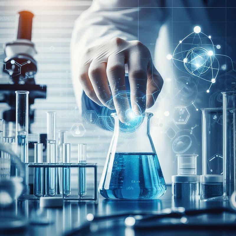 Scientist in Laboratory Focus Analyzing Blue Substance in Beaker on ...
