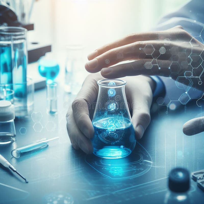 Scientist in Laboratory Focus Analyzing Blue Substance in Beaker on ...