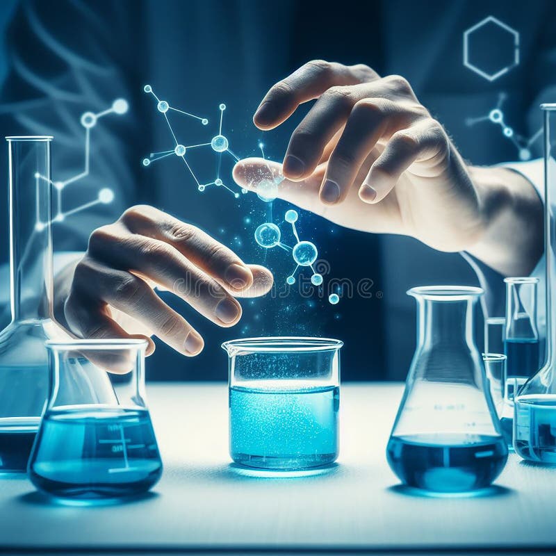 Scientist in Laboratory Focus Analyzing Blue Substance in Beaker on ...