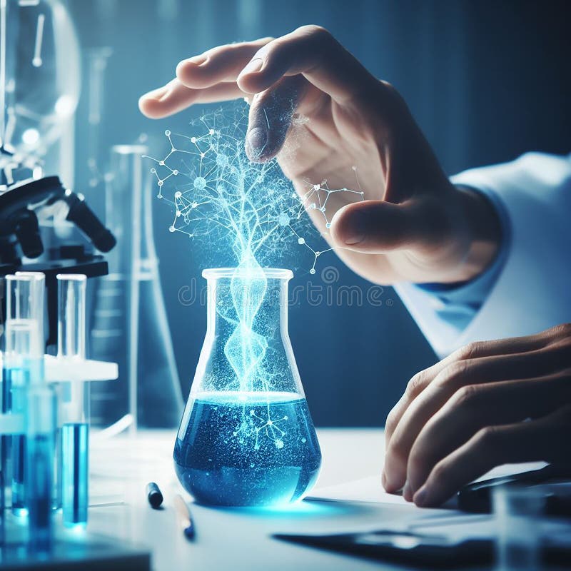 Scientist in Laboratory Focus Analyzing Blue Substance in Beaker on ...