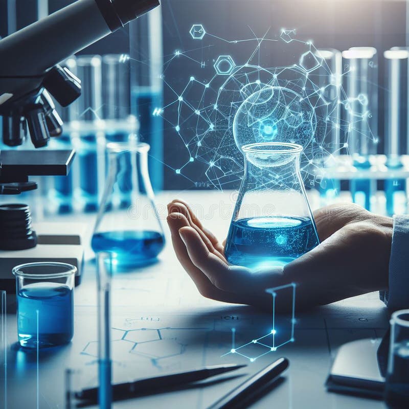 Scientist in Laboratory Focus Analyzing Blue Substance in Beaker on ...