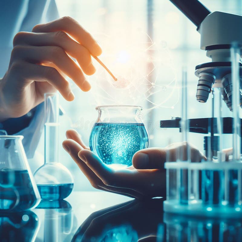 Scientist in Laboratory Focus Analyzing Blue Substance in Beaker on ...