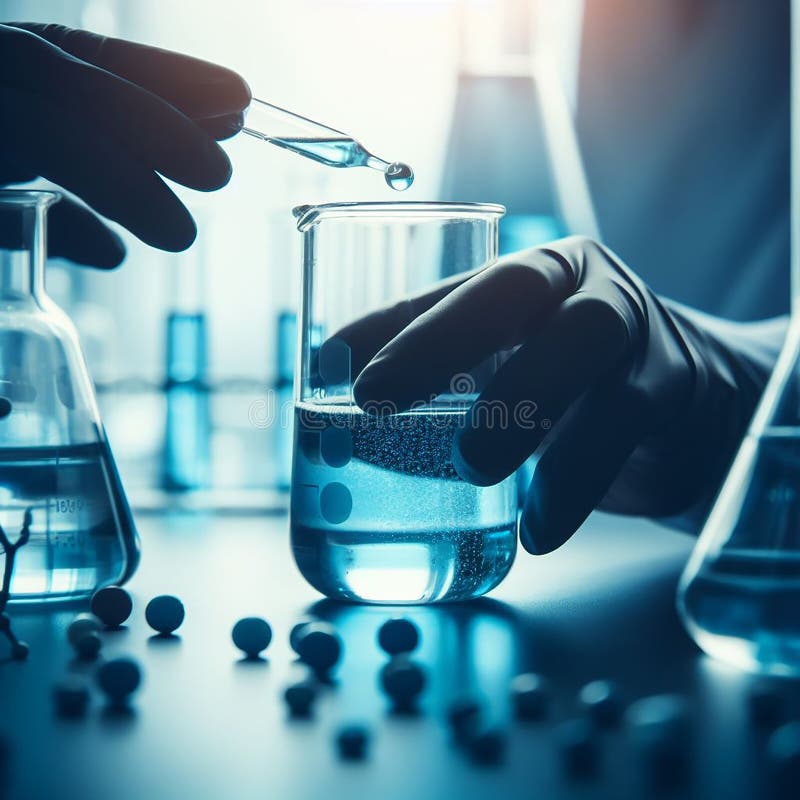 Scientist in Laboratory Focus Analyzing Blue Substance in Beaker on ...