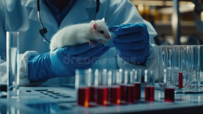 Scientist in Laboratory Holding White Mouse with Red Samples on Table ...
