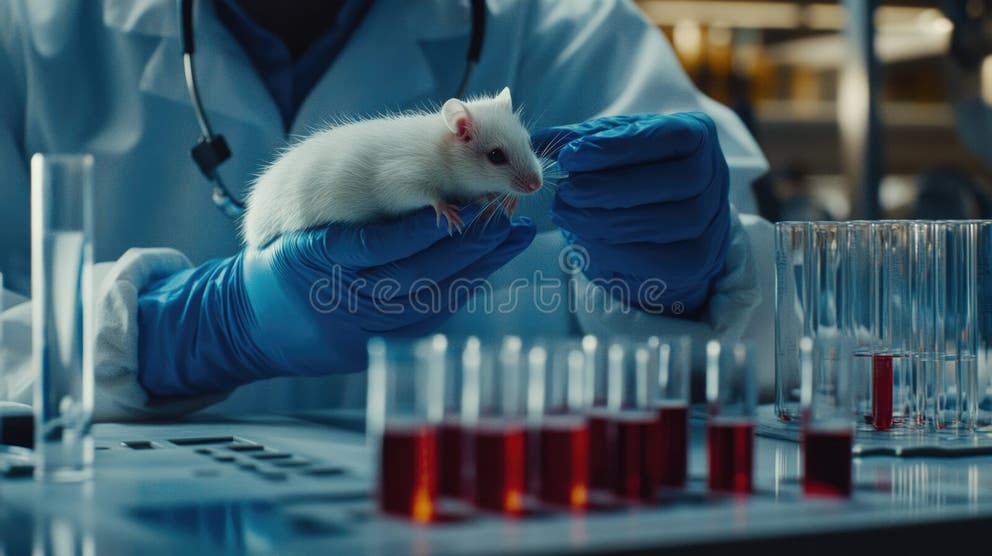 Scientist in Laboratory Holding White Mouse with Red Samples on Table ...
