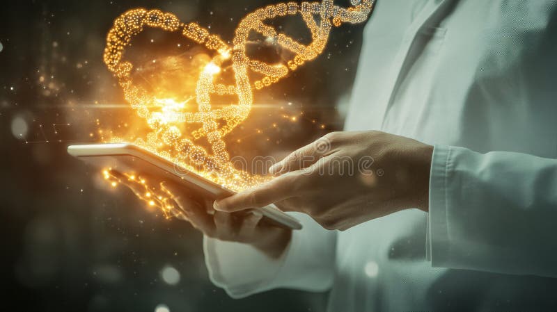 Scientist Holding Tablet with DNA Helix Visualization in Background ...