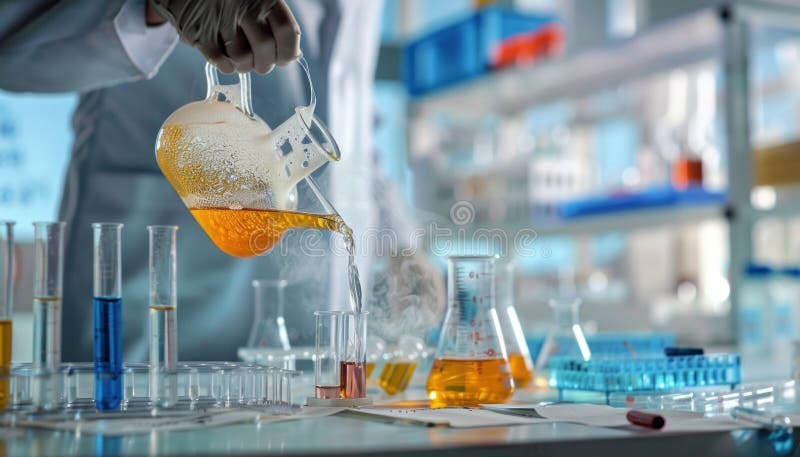 A Scientist is Pouring Fluid into a Glass Beaker in a Science Lab Stock ...