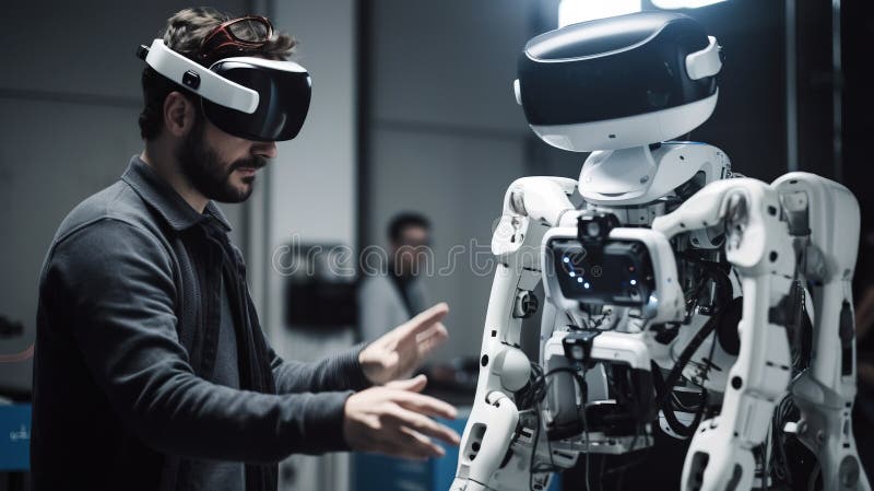 Scientist in Laboratory Wearing a Virtual Reality Headset while ...