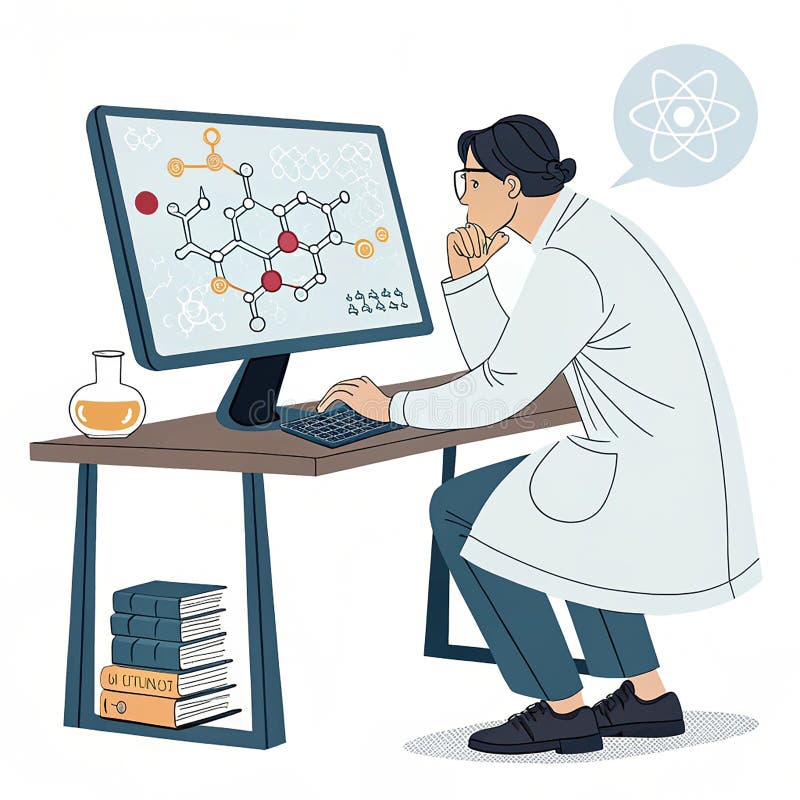 Scientist Looking at Computer Screen with Molecular Structures Stock ...