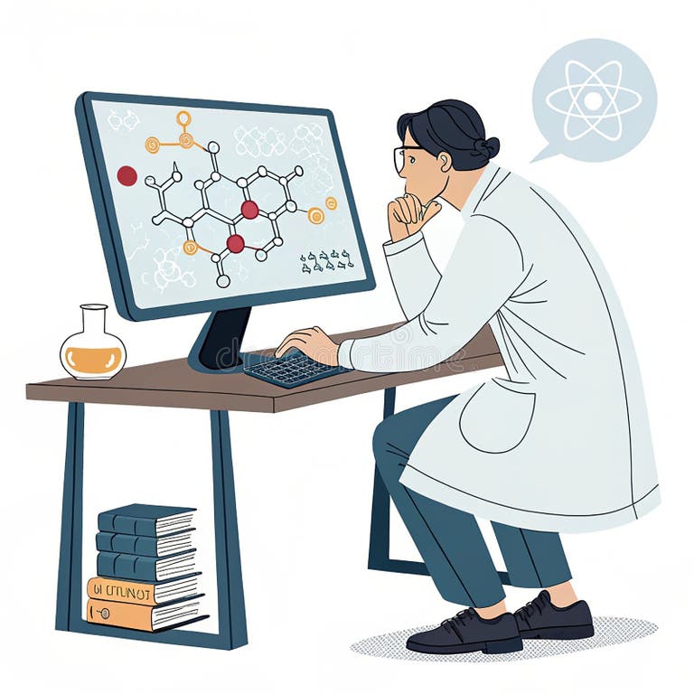Scientist Looking at Computer Screen with Molecular Structures Stock ...