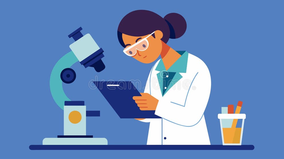 A Scientist Looking through a Microscope Carefully Recording Data and ...