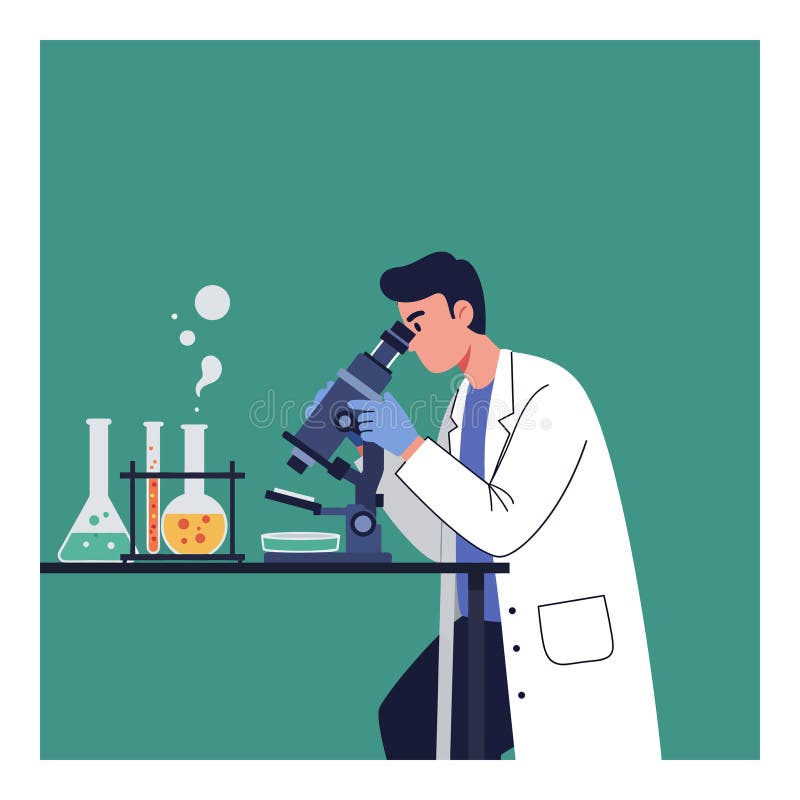 Scientist Looking through Microscope in Laboratory with Chemical ...