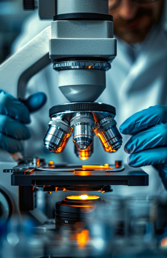 A Scientist is Looking through a Microscope at a Sample. Concept of ...