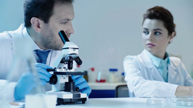 Scientist Making Analysis with Microscope Near Stock Image - Image of ...