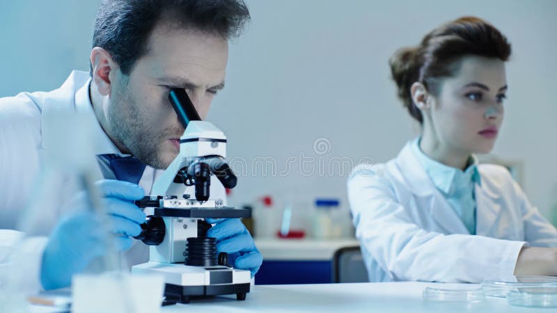 Scientist Making Looking through Microscope Near Stock Image - Image of ...