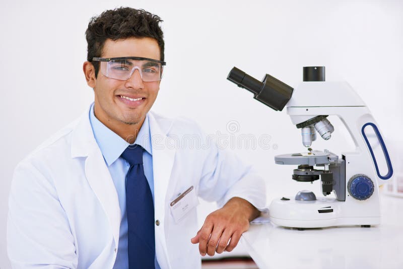 Scientist, Man and Microscope in Portrait with Smile, Safety Goggles ...