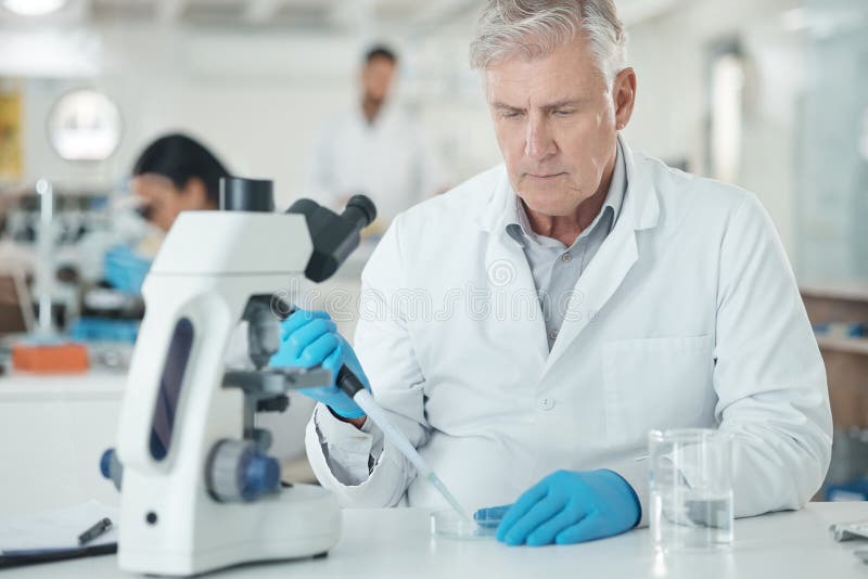 Scientist, Man and Sample with Microscope in Lab of Disease Experiment ...