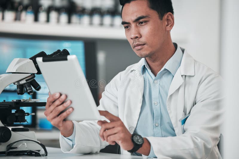 Scientist, Man and Tablet for Laboratory Research, Data Analysis and ...