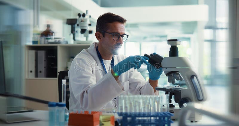 Scientist, Man and Test by Microscope in Lab for Medical Research with ...