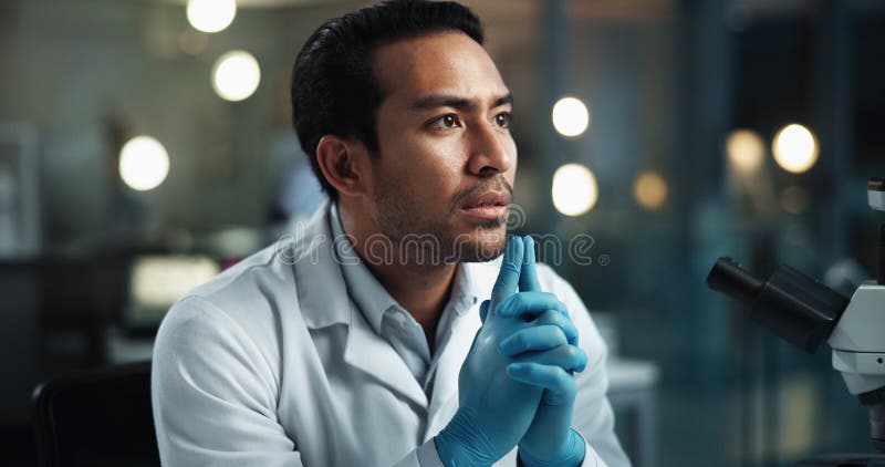 Scientist, Man and Thinking by Microscope in Lab for Problem Solving ...