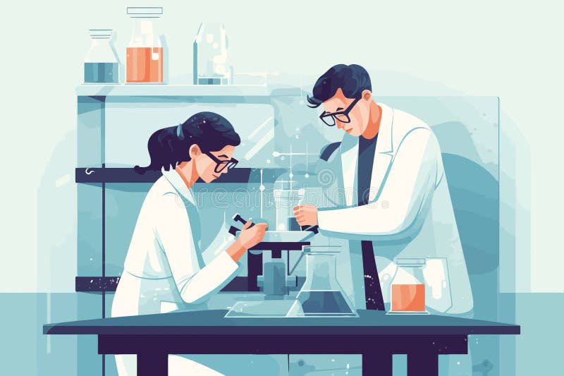 Scientist Man and Woman Working in Laboratory, Vector Illustration ...