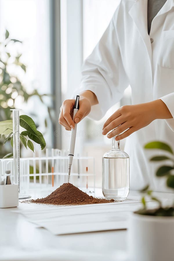 Scientist Measuring Soil Sample with Pipette, Laboratory Table Filled ...