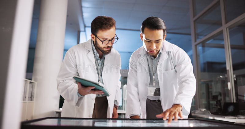 Scientist, Men and Screen with Meeting for Data Review, Medical ...