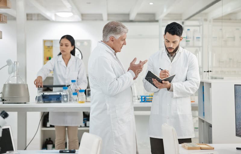 Scientist, Men and Writing in Notebook in Lab for Disease Experiment ...