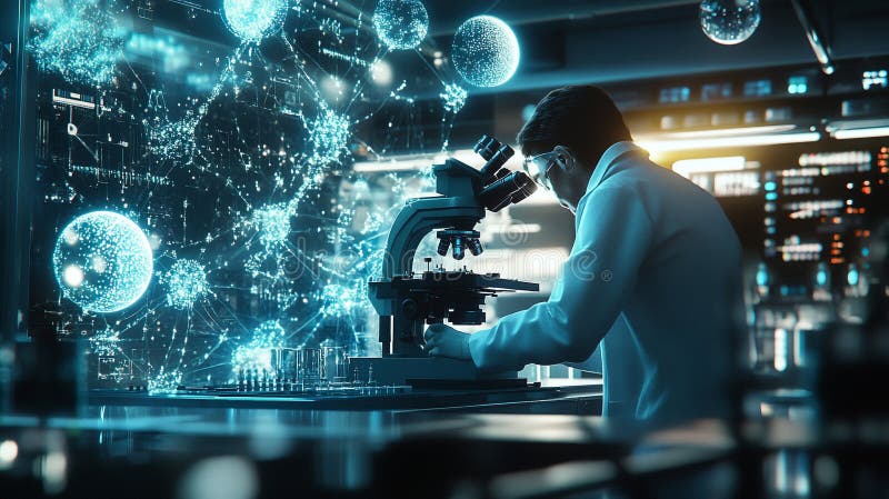 Scientist Using Advanced Microscope Global Network Data Visualization ...