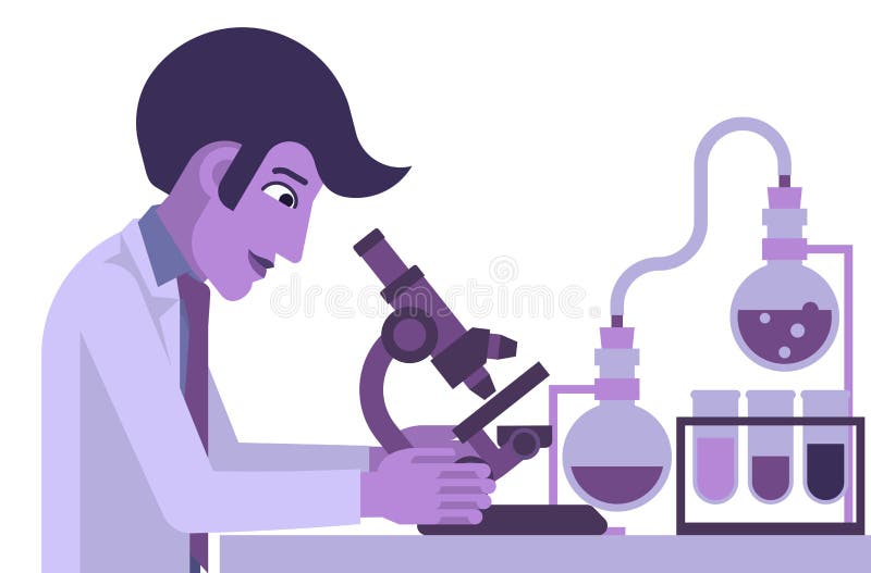 Scientist at Microscope Lab Test Bench and Beakers Stock Vector ...