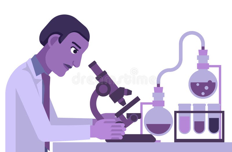 Scientist at Microscope Lab Test Bench and Beakers Stock Vector ...
