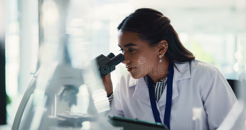 Scientist, Microscope and Woman with Tablet in Lab for Research ...