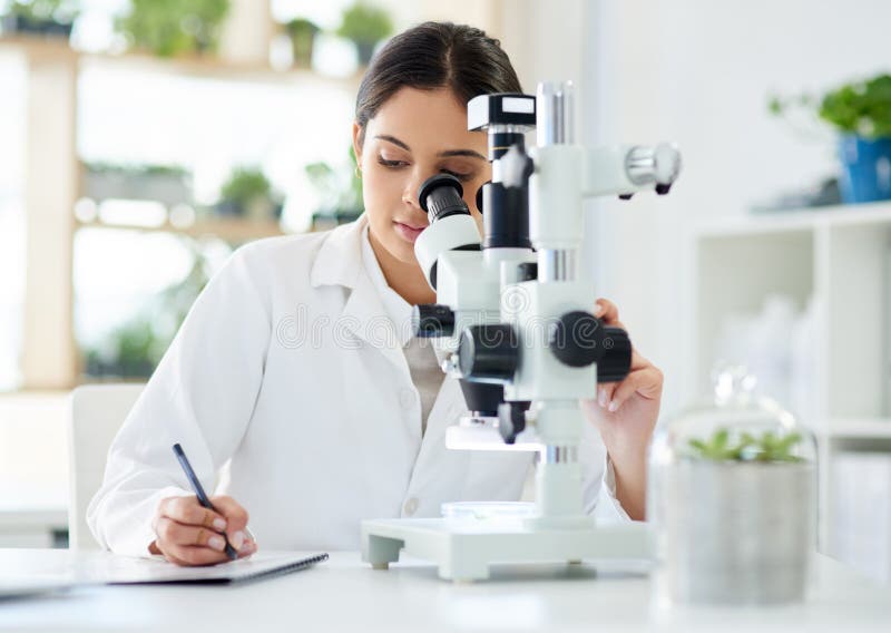 Scientist, Microscope and Writing in Lab with Research for Sample ...