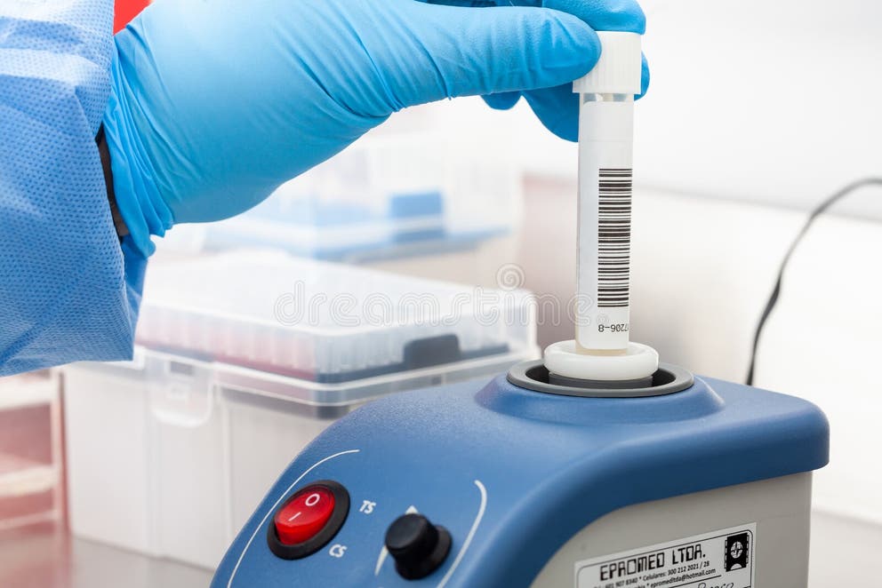 Scientist Mixes a Biological Sample for Analysis Using a Lab Vortex ...