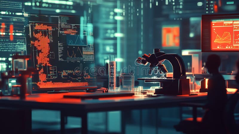 A Scientist Observes Data on a Microscope while Analyzing Digital ...