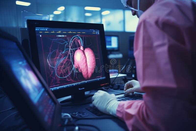 Scientist Observing 3d Heart Model on Computer Screen for Detailed ...