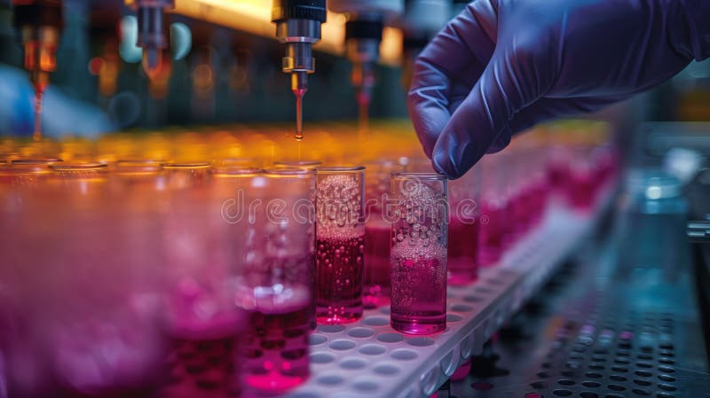 Precision Lab Work: Gloved Hand Pipetting into Test Tubes with Red ...