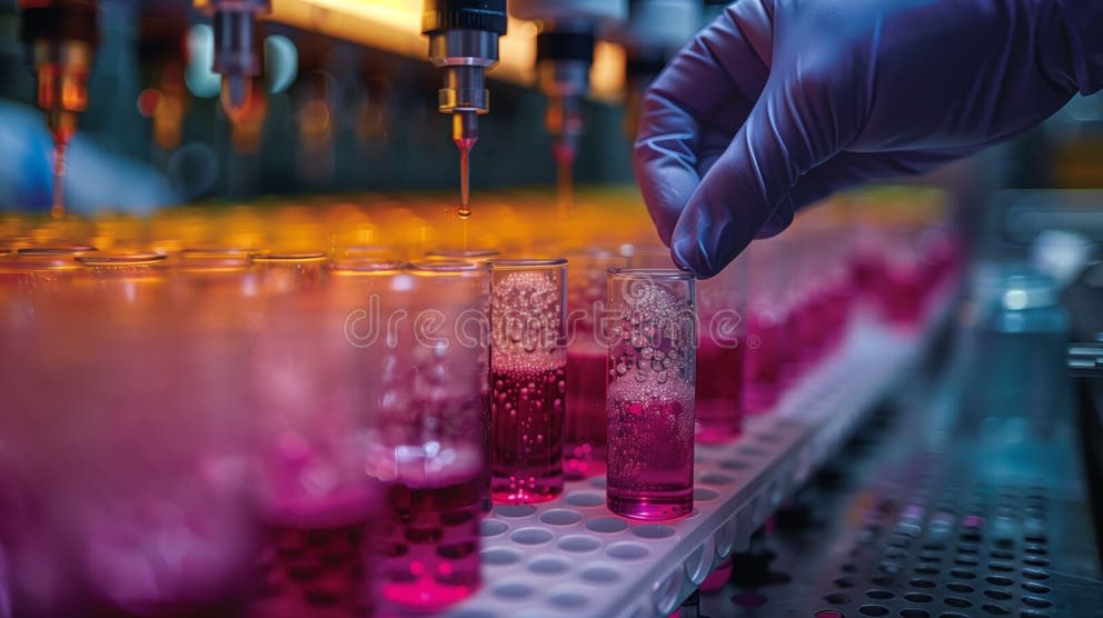 Precision Lab Work: Gloved Hand Pipetting into Test Tubes with Red ...