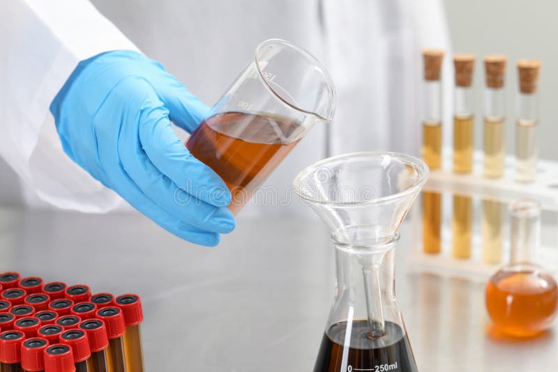 Scientist Pouring Liquid from Beaker into Conical Flask, Closeup Stock ...
