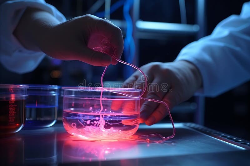 Scientist Pouring Pink Fluorescent Solution in a Petri Dish in a Dark ...