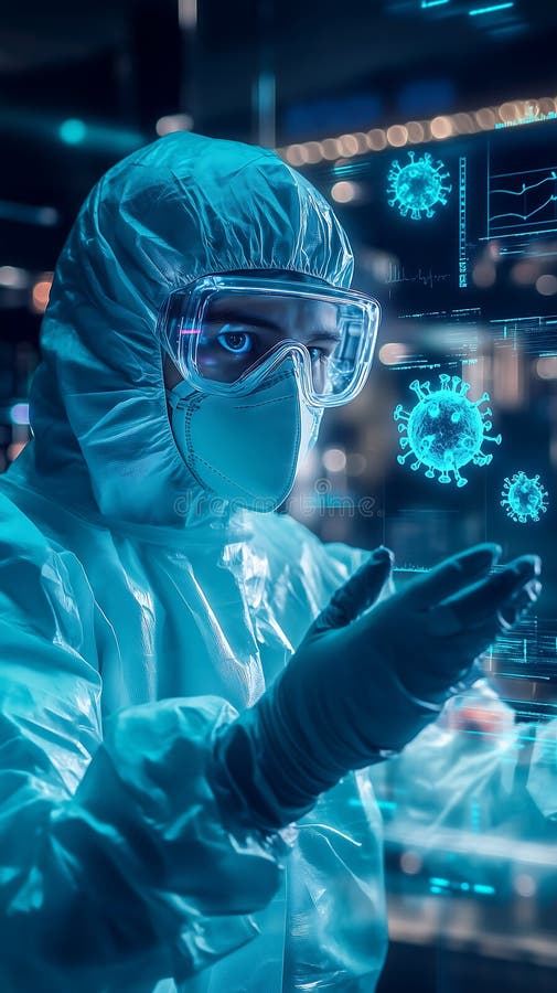 Scientist in PPE Analyzing Monkeypox Virus with Digital Interface in ...