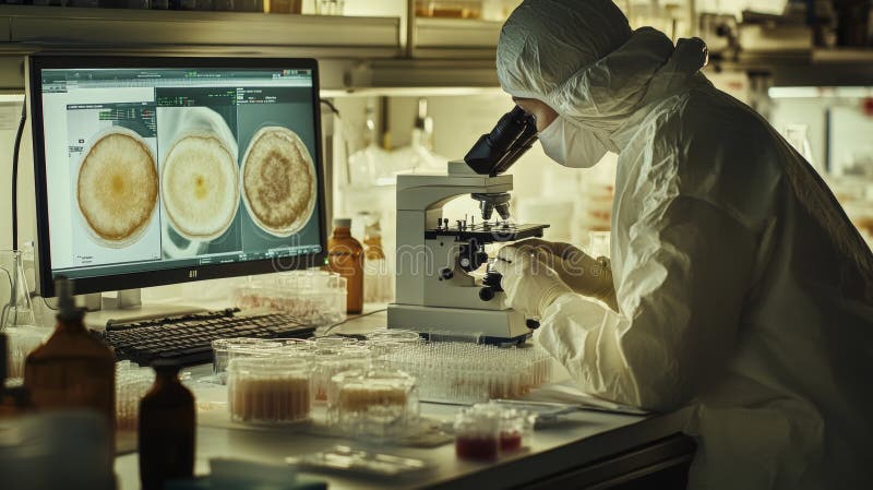 Scientist in Protective Gear Analyzes Biological Samples at a ...