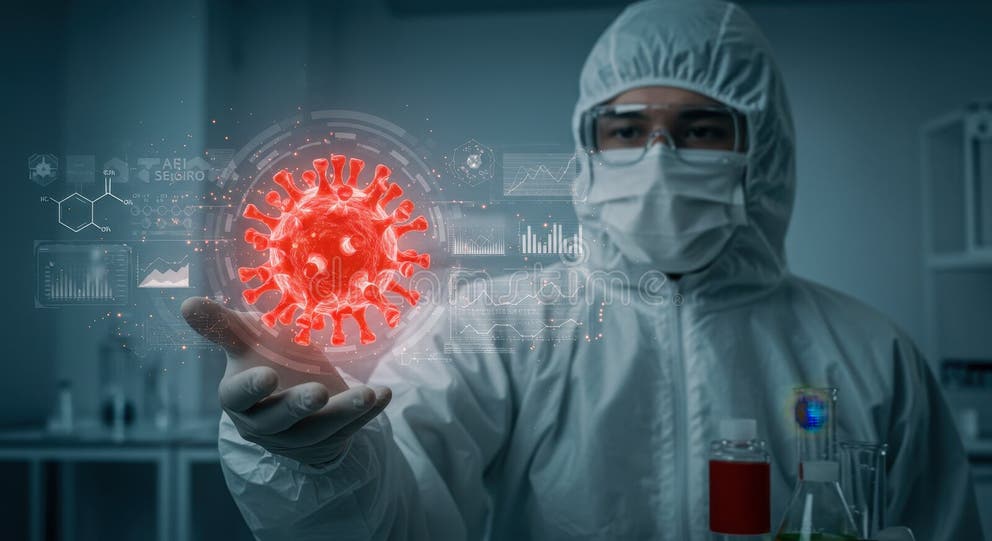 Scientist in Protective Gear Analyzing a Digital Representation of a ...