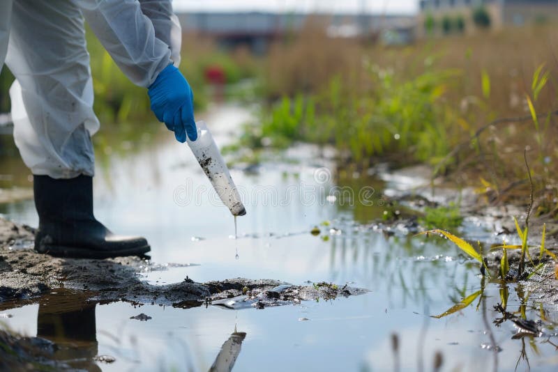 Scientist in Protective Gear Collects Water Sample from Polluted Puddle ...