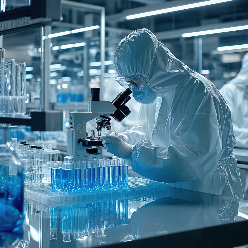 A Scientist in a Protective Suit Uses a Microscope, Studying a Sample ...